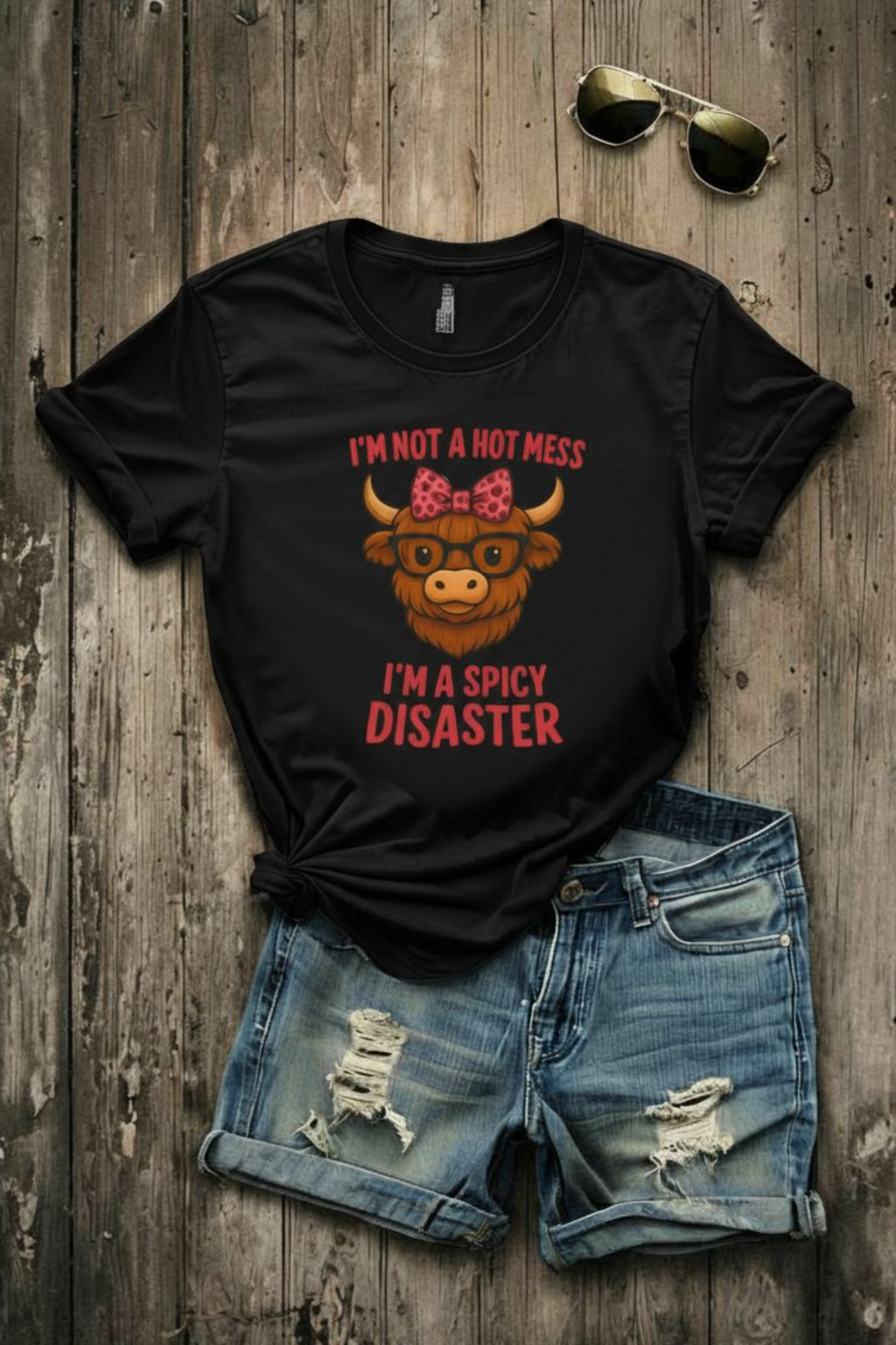Spicy Disaster Tee - Funny Cow Graphic T-Shirt ("I'm Not a Hot Mess, I ...