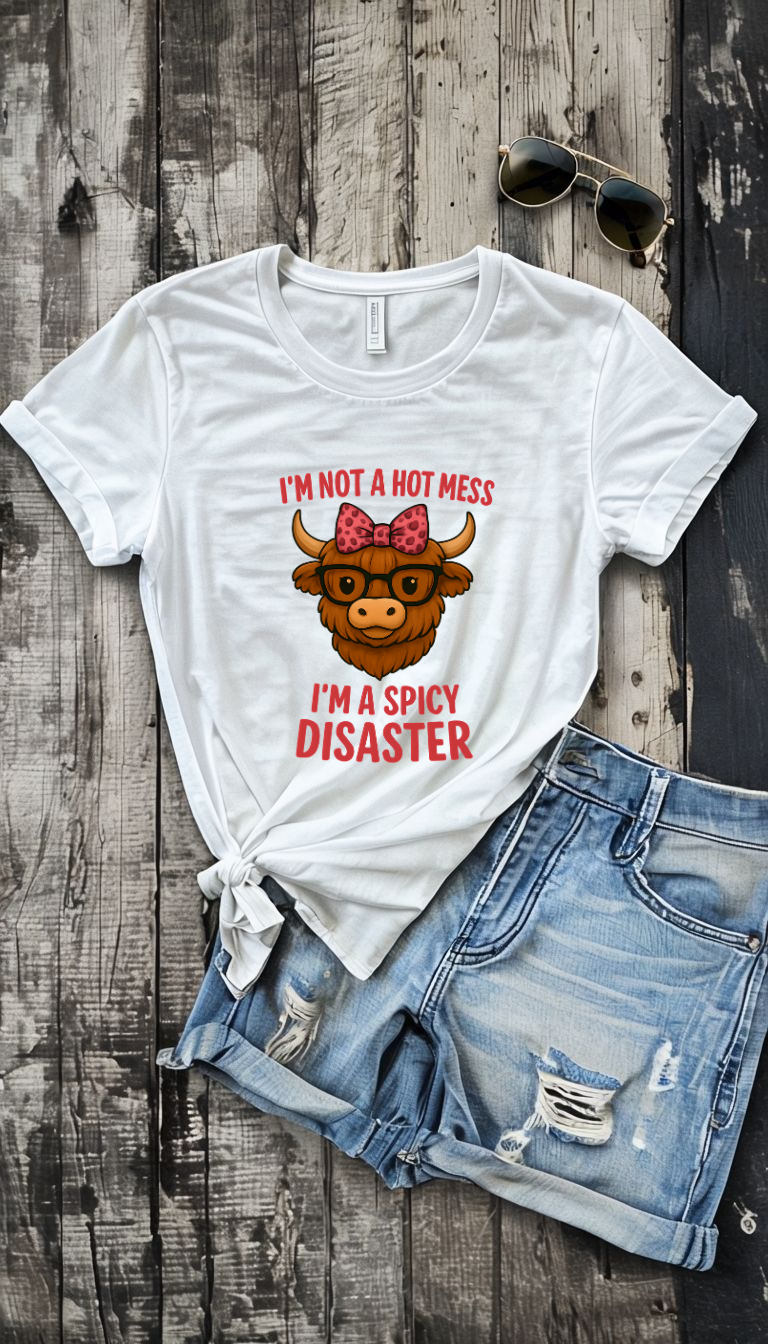 Spicy Disaster Tee - Funny Cow Graphic T-Shirt ("I'm Not a Hot Mess, I ...